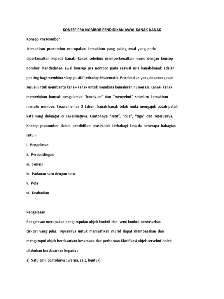 Konsep Pra Nombor Pendidikan Awal Kanak | PDF