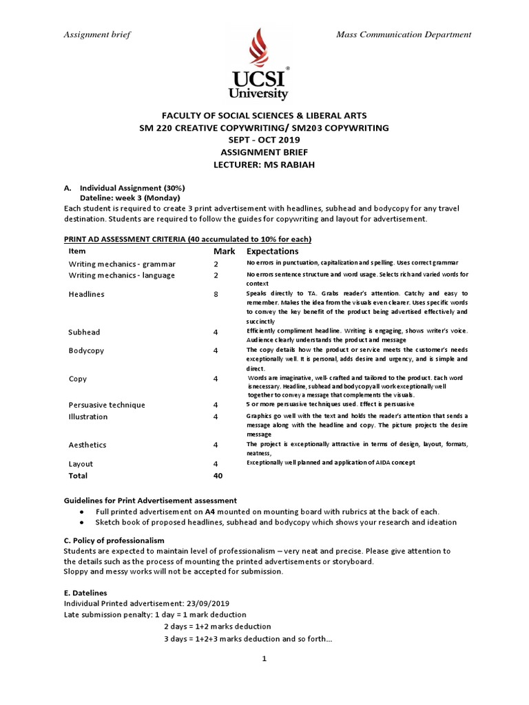 Copywriting Assessment - Ind Assignment Brief Sept19 | PDF | Attention ...