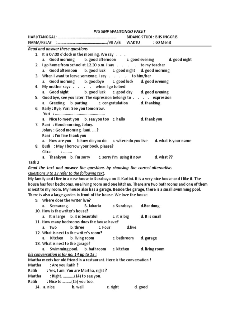 English Language Test for SMP Students | PDF | Home