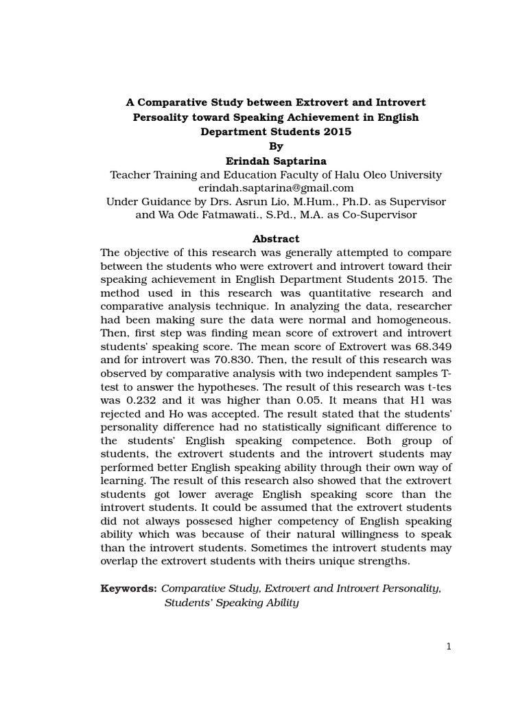 A Comparative Study Between Extrovert and Introvert Personality Toward Speaking Achievement in ...