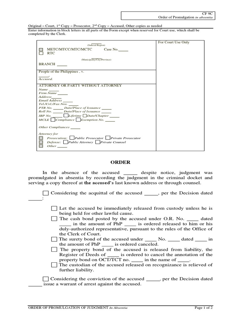 Order of Promulgation in Absentia | PDF | Judgment (Law) | Bail