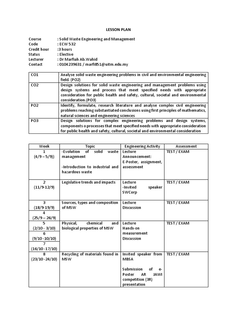 Lesson Plan Ecw 532 (Sept-Dec2019) | PDF | Municipal Solid Waste ...