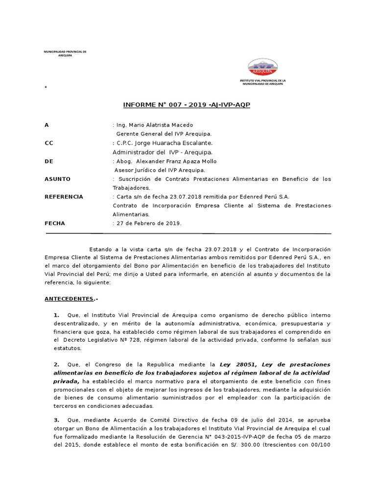 Informe #007-2019-IVP-AQP Bono de Aliemntacion | PDF | Presupuesto | Derecho laboral