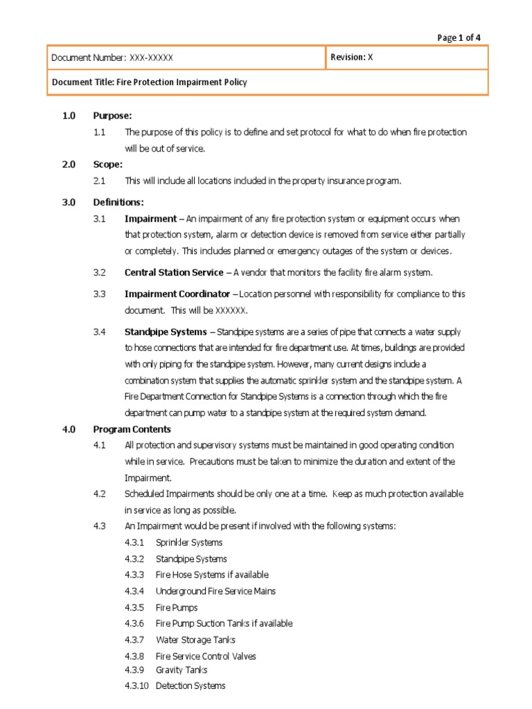 Fire Protection Impairment Policy - SAMPLE - tcm36-316351 | PDF | Fires ...