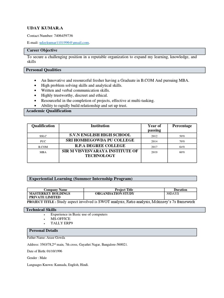 Uday Kumar (Resume) PDF | PDF