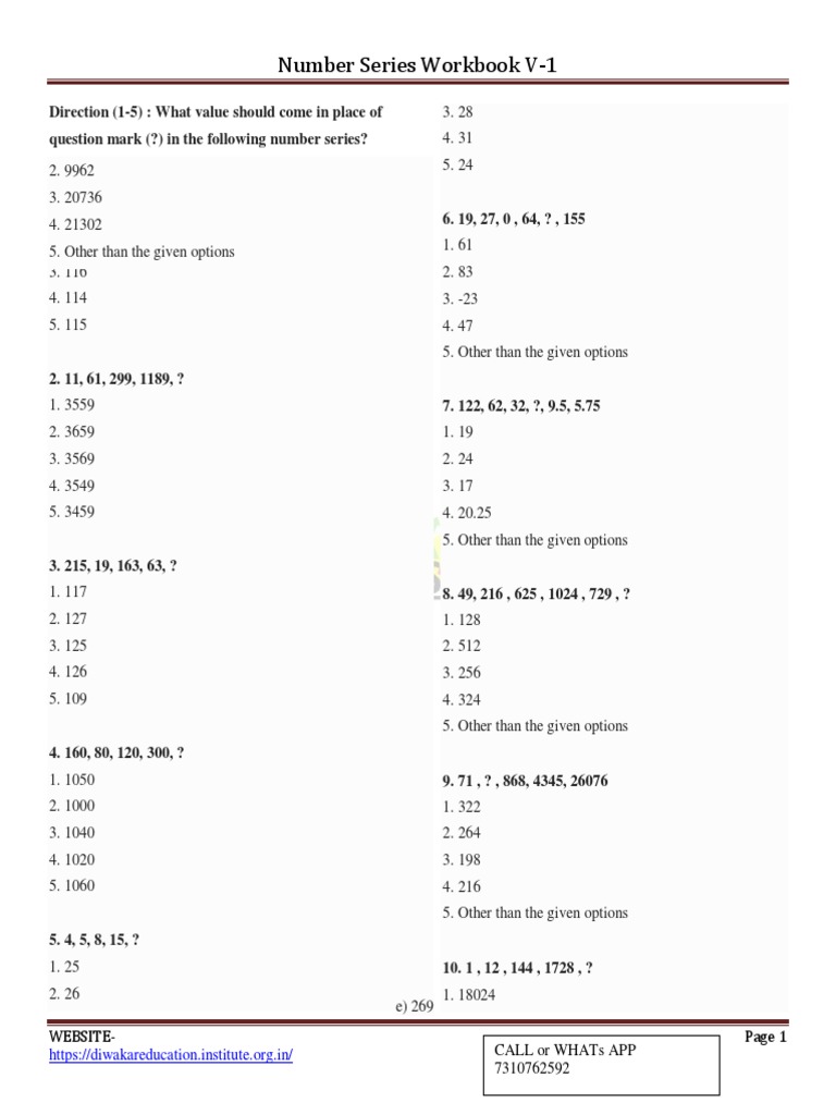 Number Series MCQ PDF For Free | PDF | Mathematical Concepts | Teaching ...