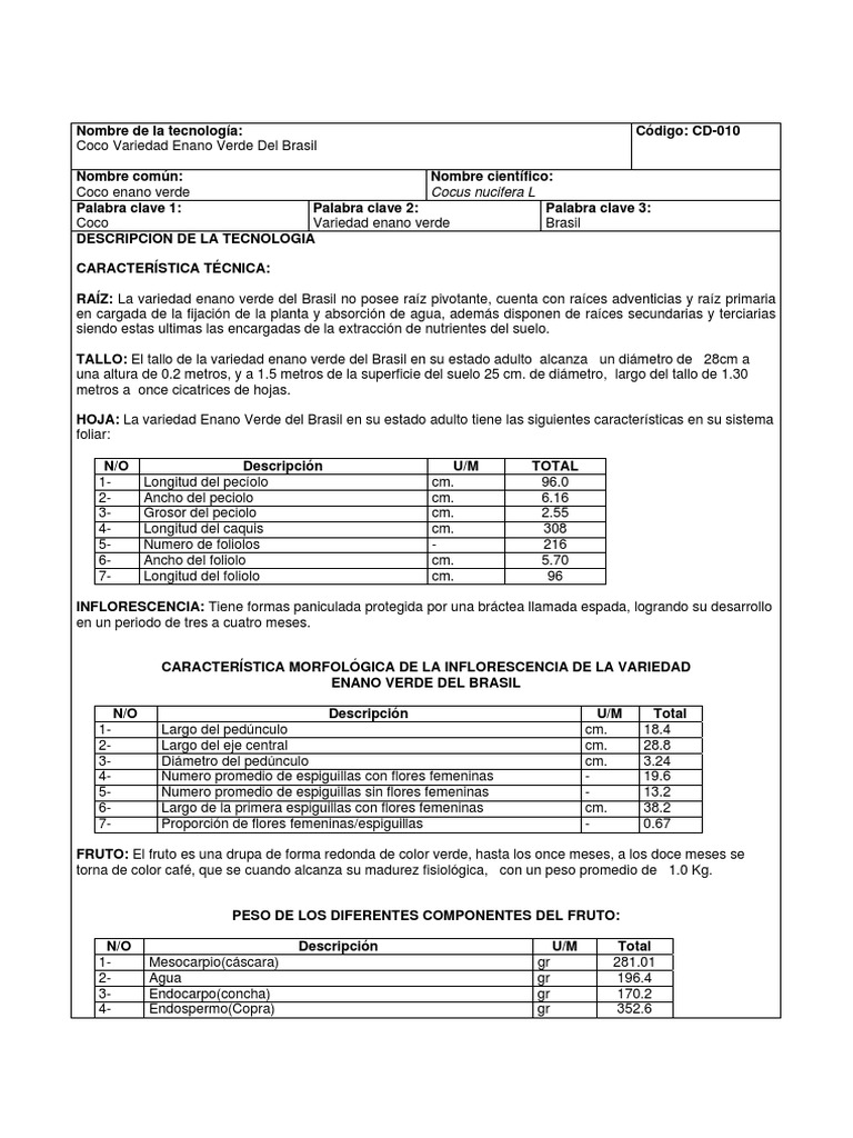 INTA - Coco Enano Verde de Brasil Hoja Tecnica PDF | PDF | Raíz | Hoja