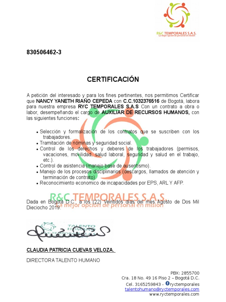 Nancy Yaneth Riaño Cepeda Certificado Del Sena | PDF