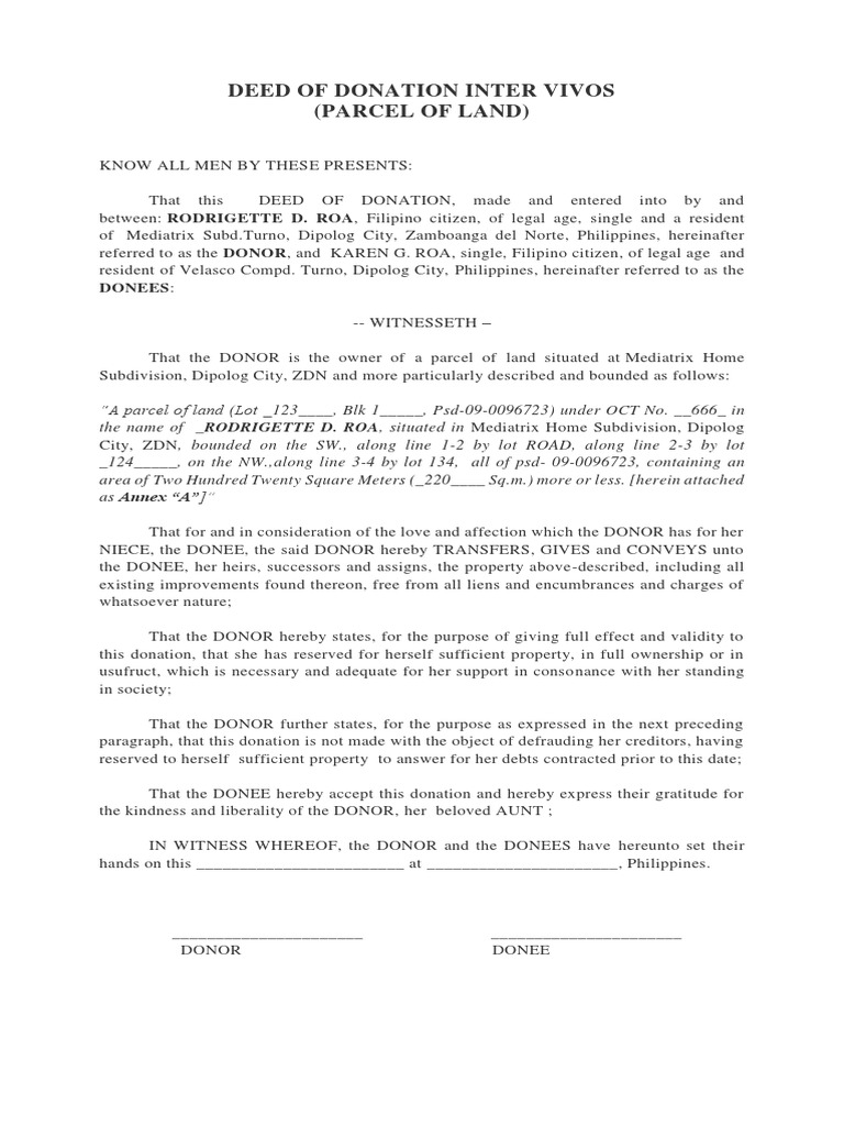 Deed of Donation Inter Vivos (Parcel of Land) : Donees | Download Free ...