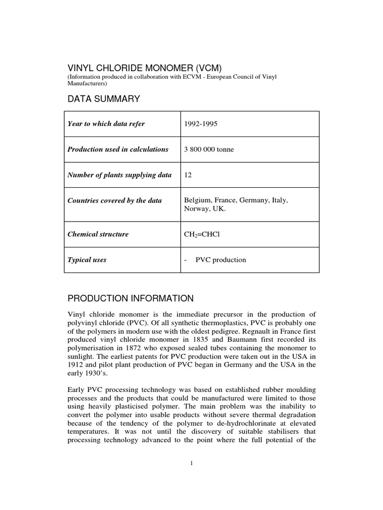 VCM Datasheet | PDF | Polyvinyl Chloride | Chlorine