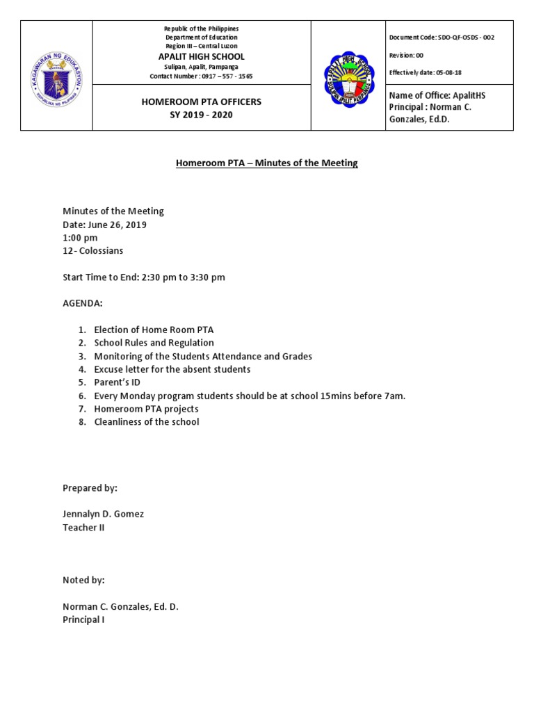 Homeroom Pta Officers SY 2019 - 2020: Apalit High School | PDF
