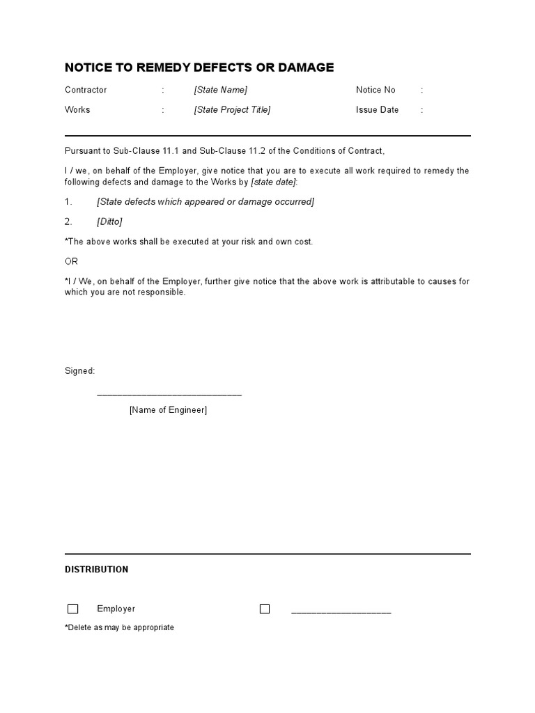 Sub-Clause 11.1-11.2 - Notice To Remedy Defects or Damage | PDF ...