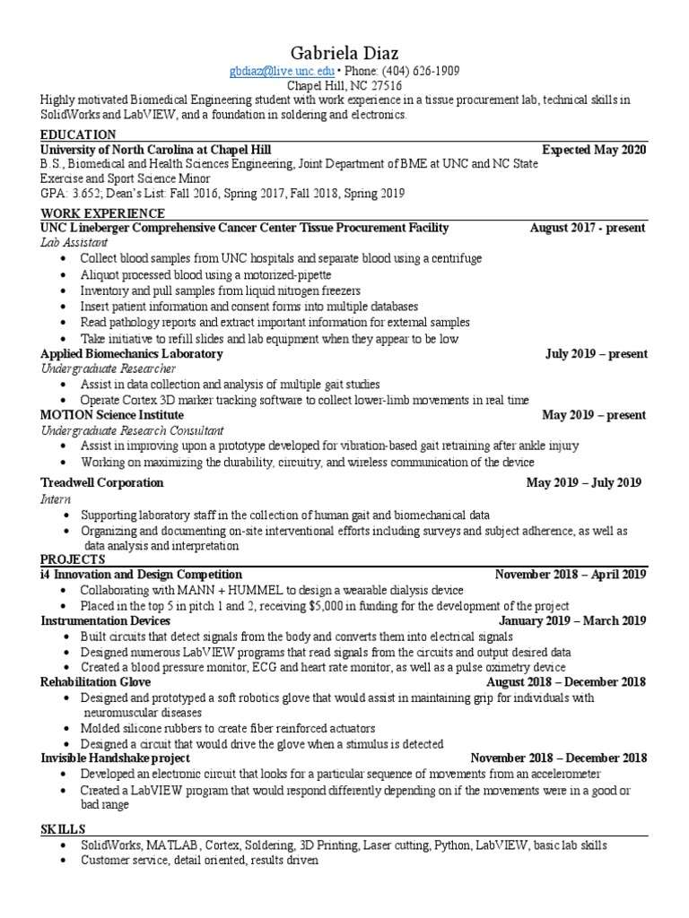 Gabriela Diaz Resume | Download Free PDF | University Of North Carolina ...