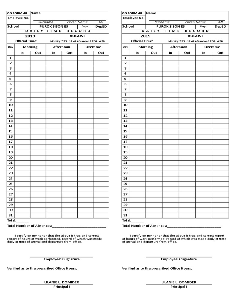 C.S Form 48 Daily Time Record Template | PDF | Working Time | Employee ...