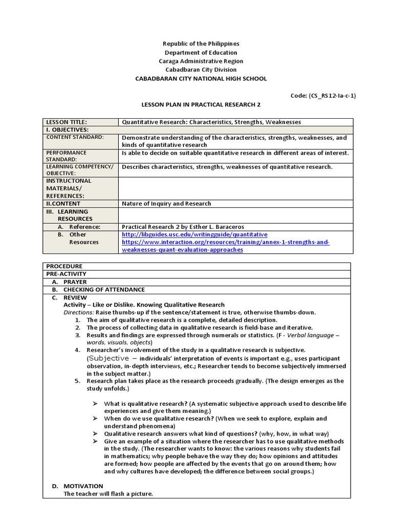 Quantitative Research Lesson Plan | PDF | Qualitative Research ...