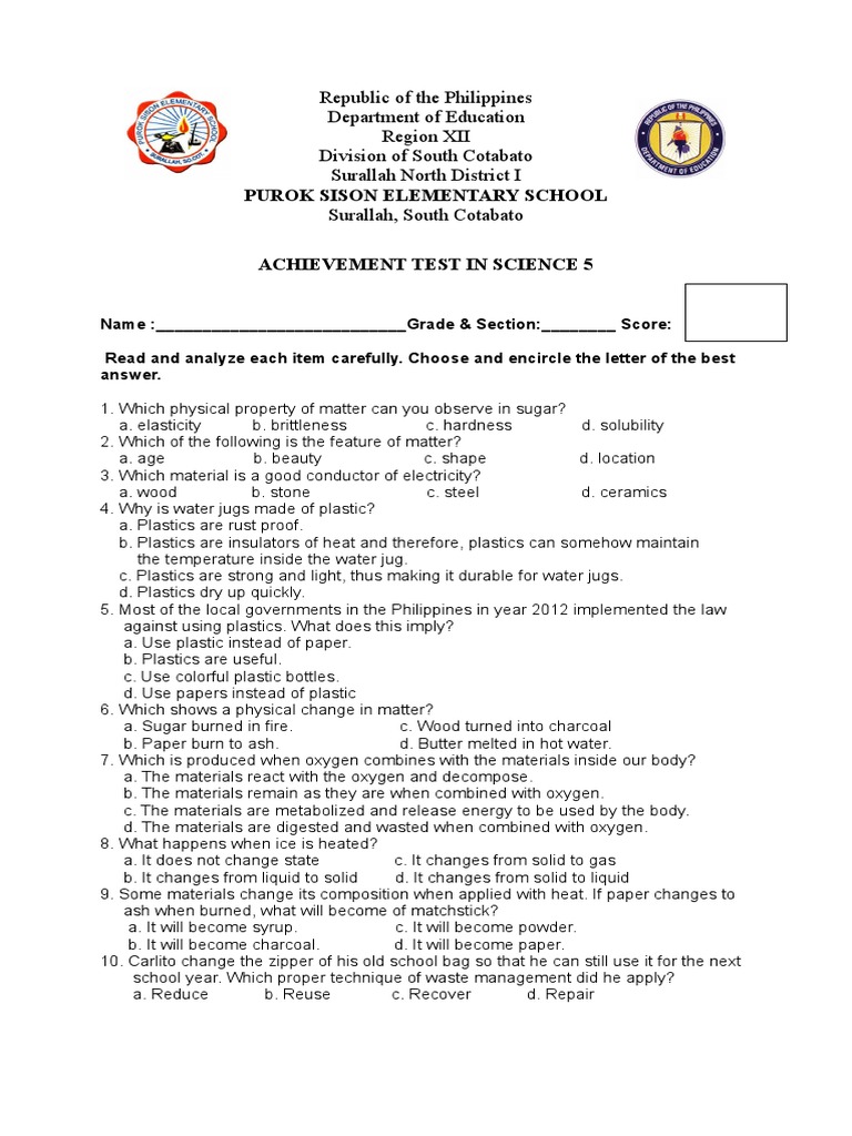 Science 5 Achievement Test Guide | PDF | Moon | Plastic