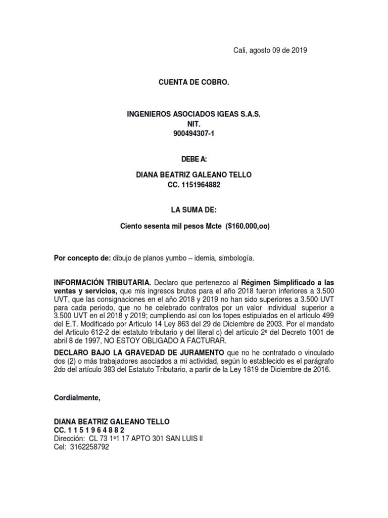 Plantilla - Cuenta de Cobro PDF | PDF