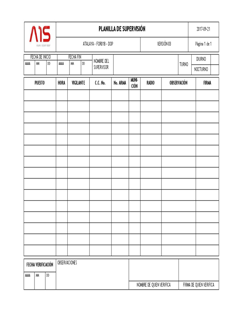 For-018-Dop Planilla de Supervisión v.03 | PDF