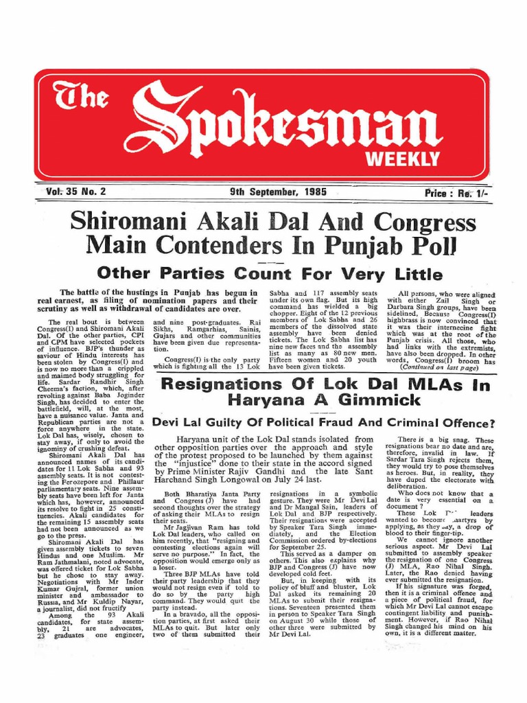 The Spokesman Weekly Vol. 35 No. 2 September 9, 1985 | PDF | Indian ...