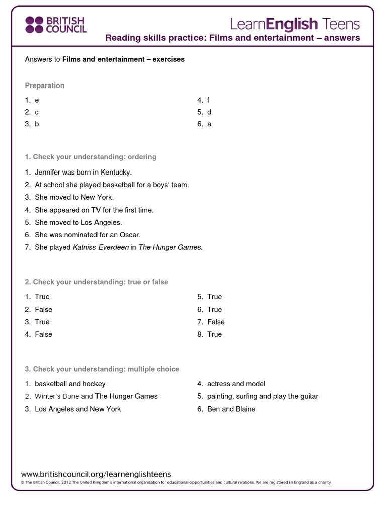 Films & Entertainment Quiz Answers | PDF | Language Arts & Discipline