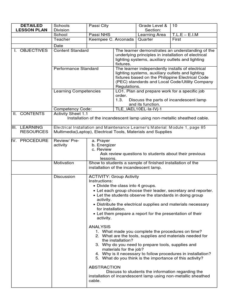 Daily Lesson Plan | Download Free PDF | Electrical Wiring ...