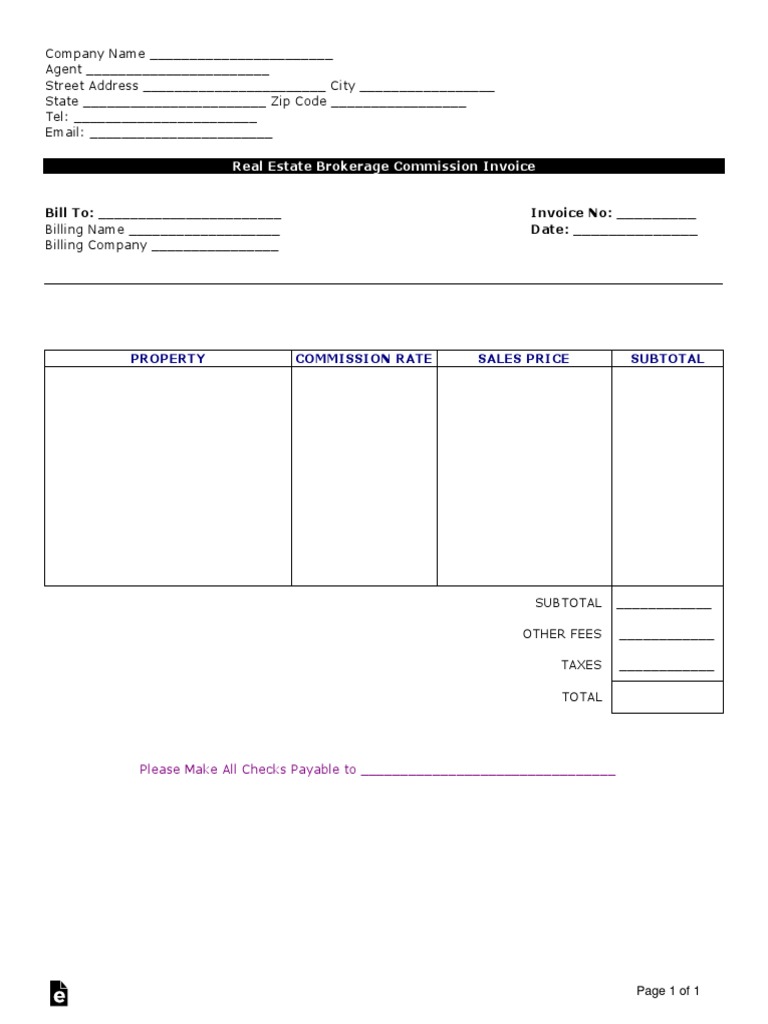 Real Estate Brokerage Commission Invoice Template | PDF