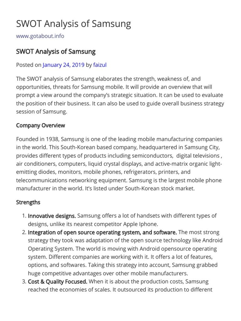 Samsung SWOT Analysis Overview | PDF | Samsung Electronics | Smartphone