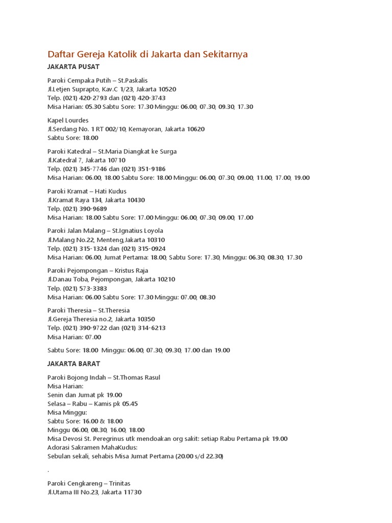 Daftar Gereja Katolik di Jakarta | PDF