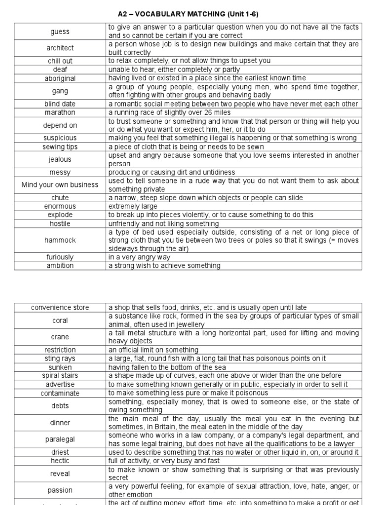 A2 Vocabulary Matching | PDF | Self-Improvement