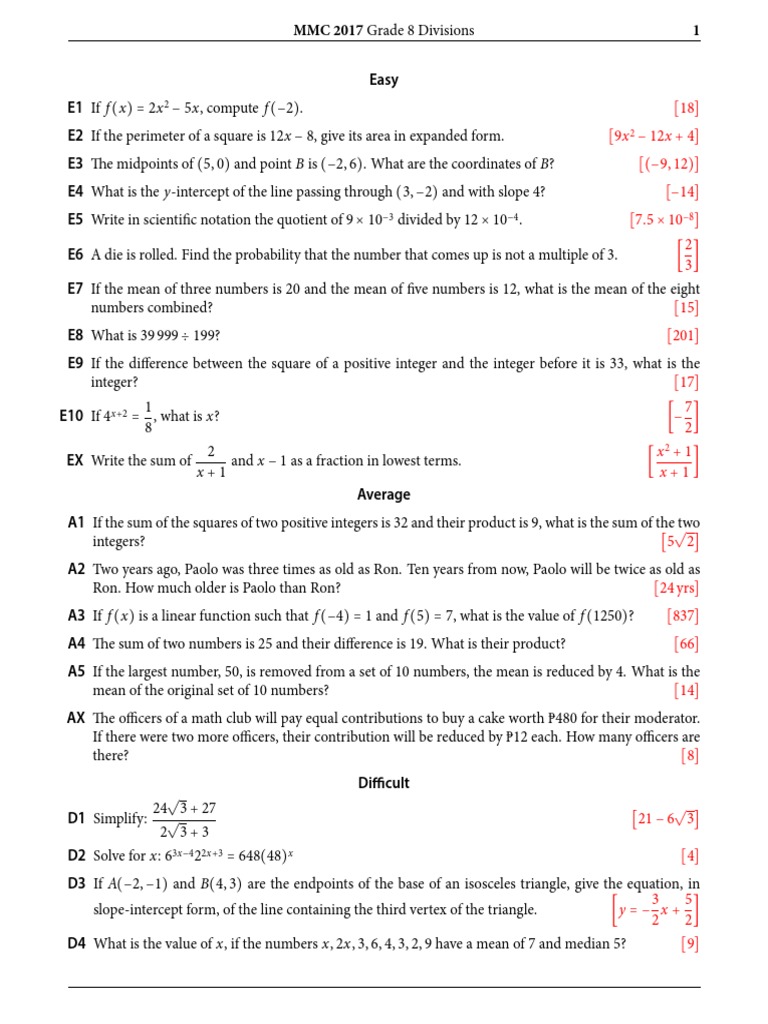 MMC 2017 Gr8 Div | PDF | Algebra | Numbers