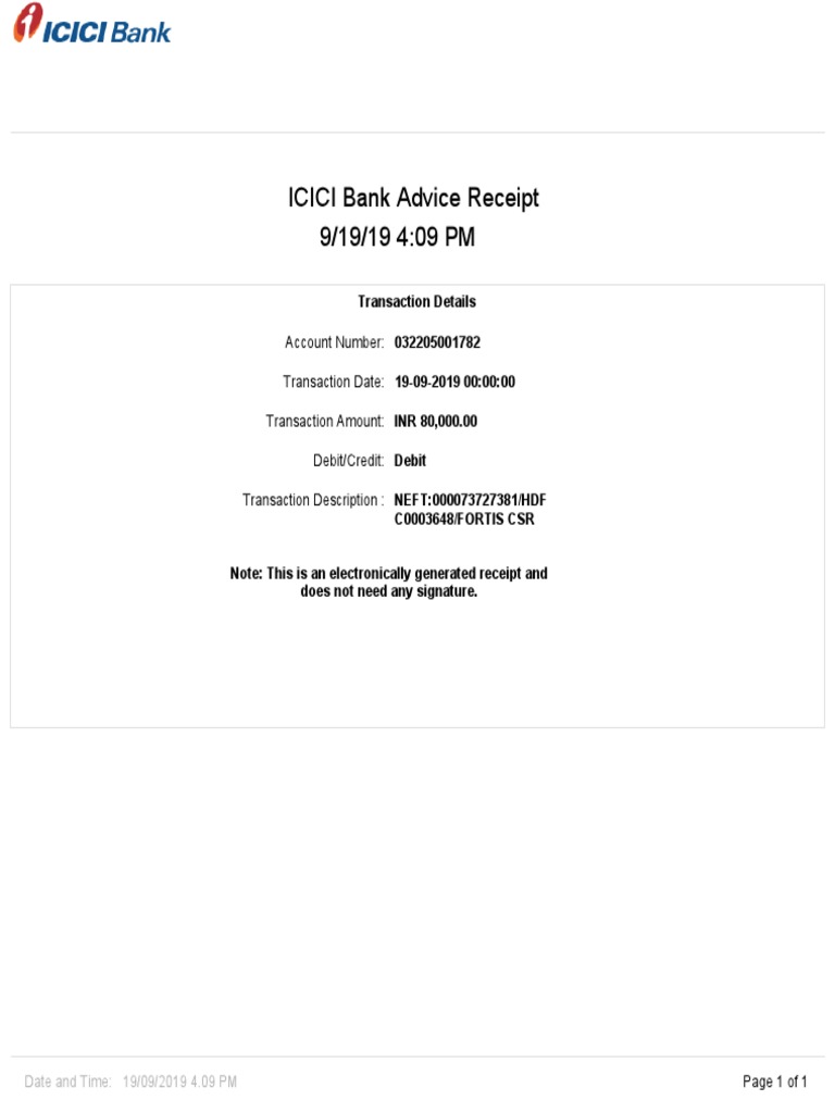 ICICI Bank Advice Receipt NEFT Transaction Details | PDF