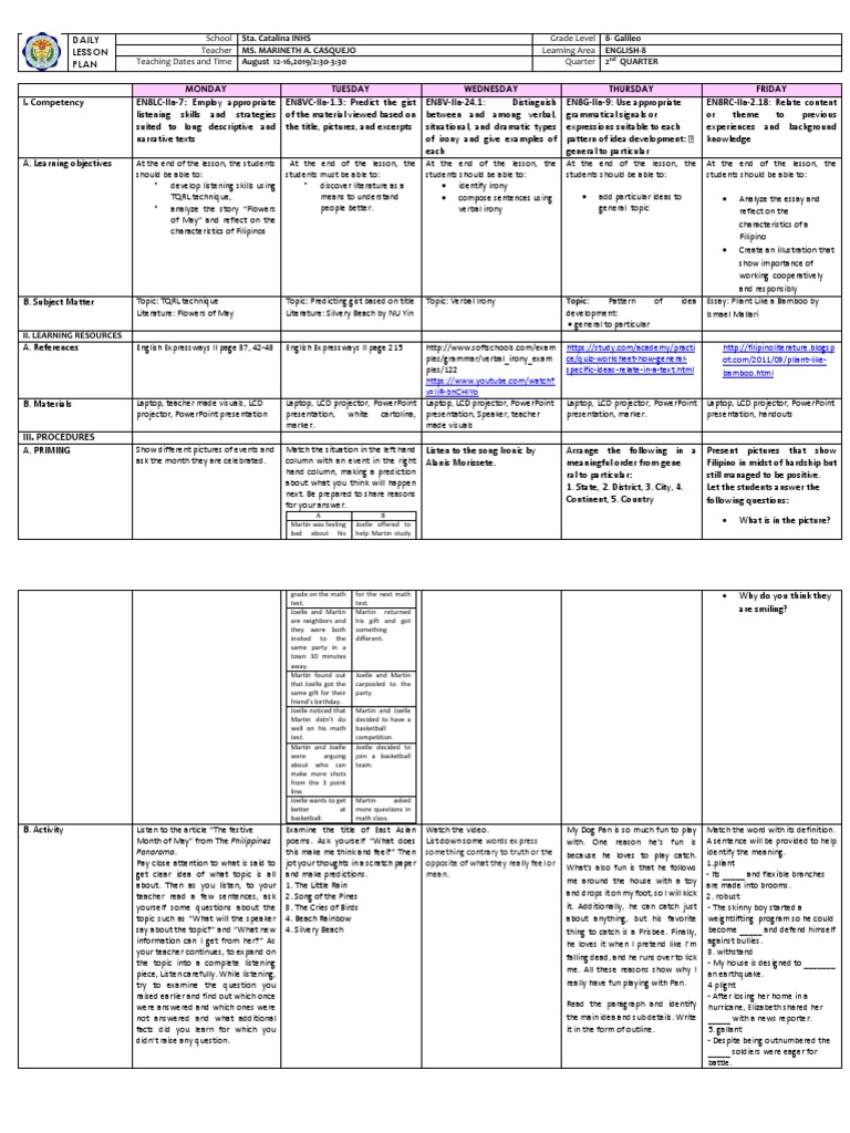 School Sta. Catalina INHS Grade 8 English Lesson Plan | PDF | Irony ...