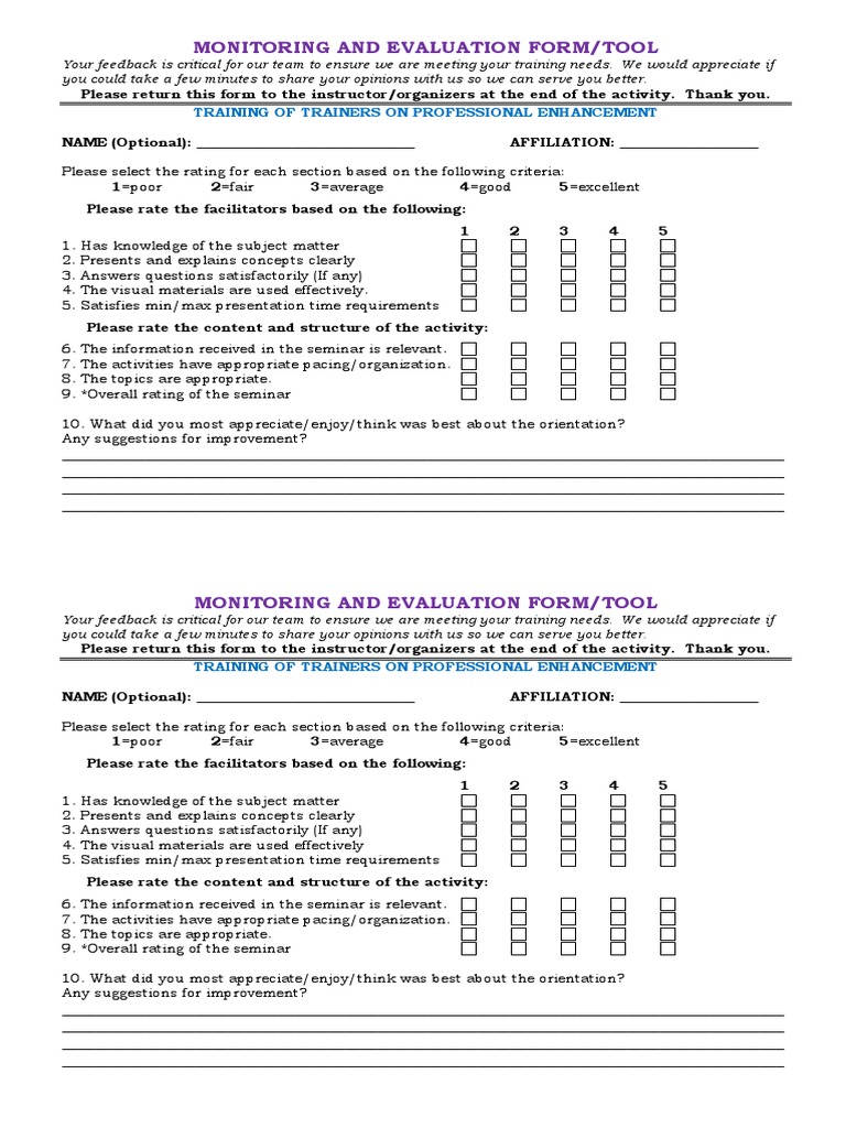 Basic Evaluation Form For Simple Training | PDF | Facilitator | Evaluation