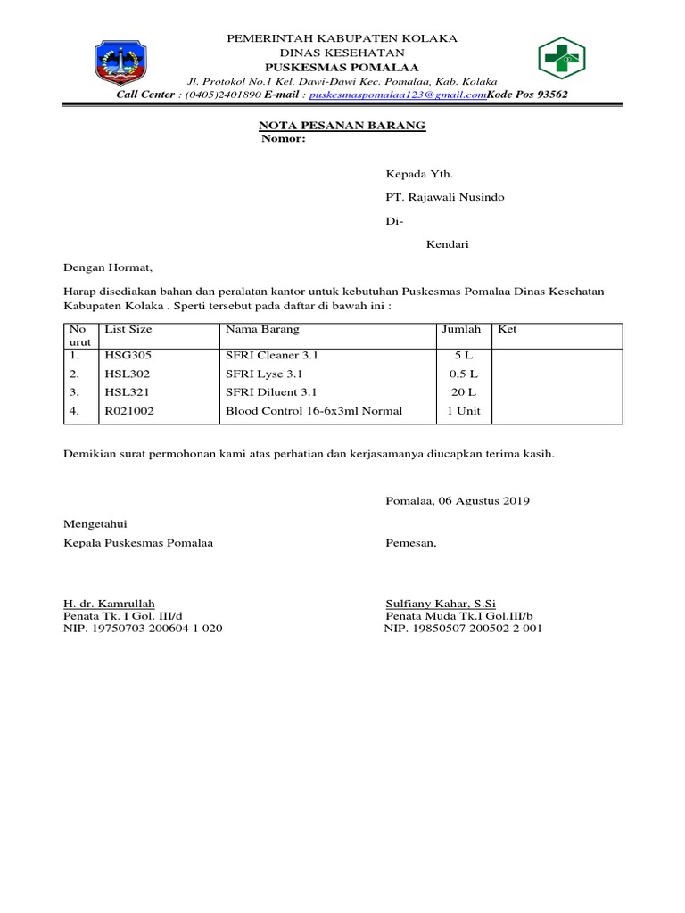 Surat Nota Pesanan BHP | PDF