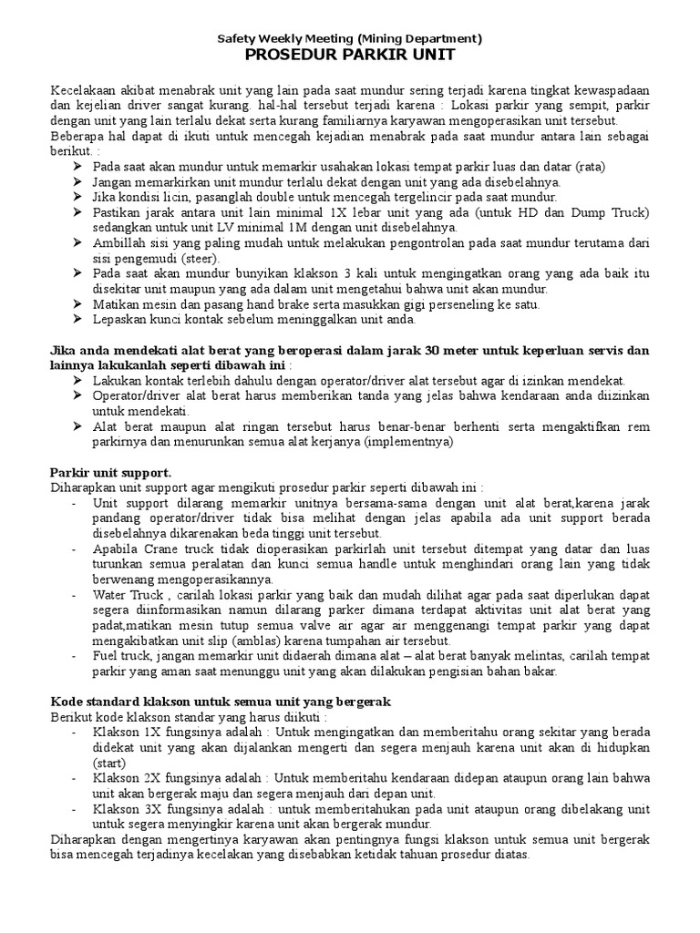 Prosedure Parkir Unit Produksi | PDF