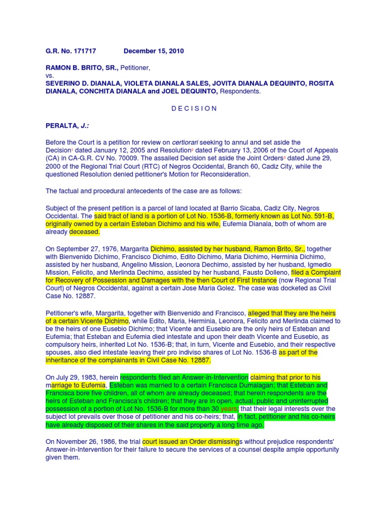 1144 - Brito, SR Vs Dianala | PDF | Lawsuit | Laches (Equity)