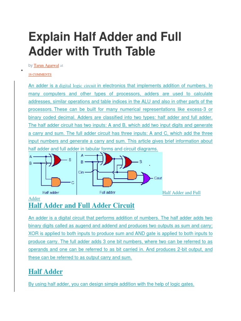 Explain Half Adder and Full Adder With Truth Table | PDF | Digital ...