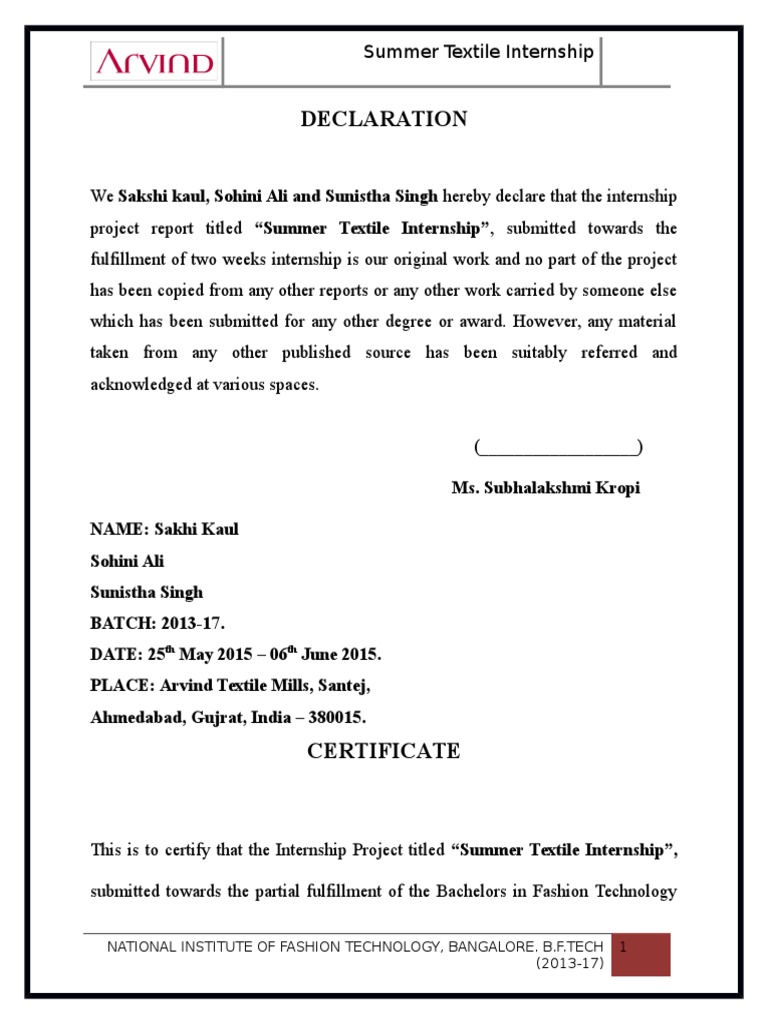 Arvind Textiles Internship Report | PDF | Spinning (Textiles) | Textiles