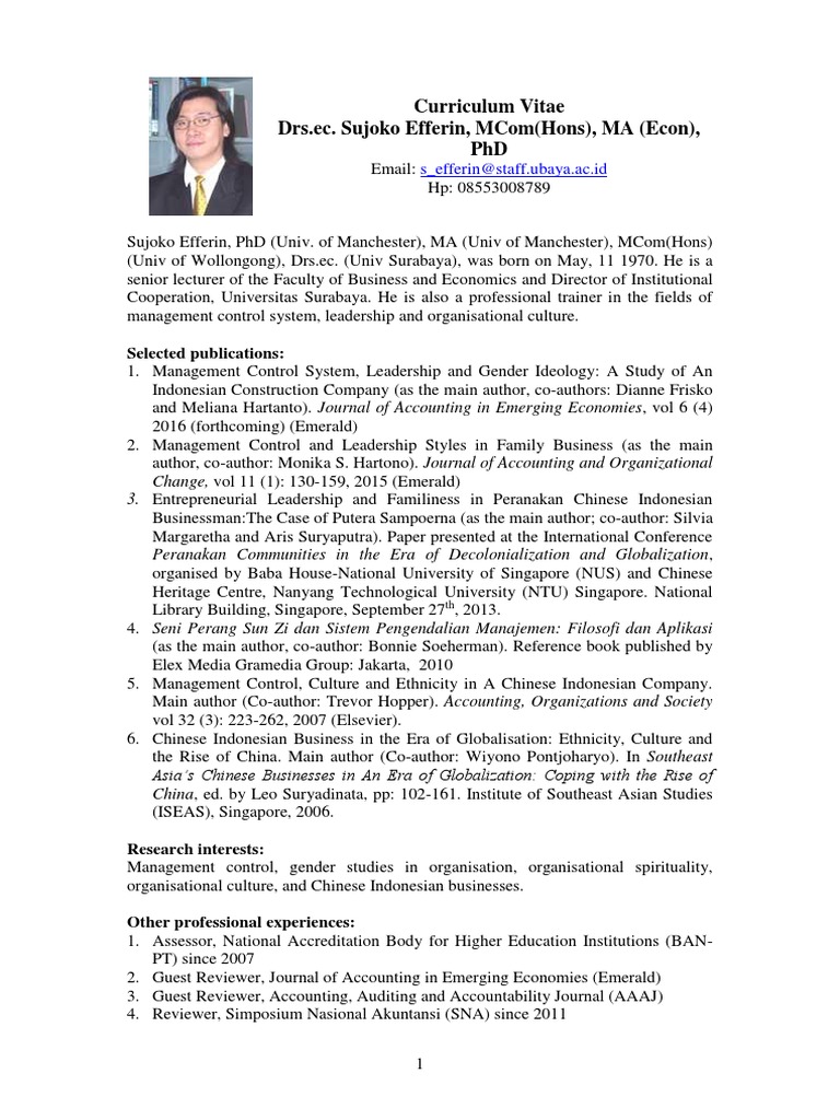 CV Sujoko Efferin Short in English For Simposium &training | PDF ...