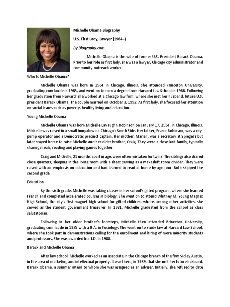 Michelle Obama Biography U.S. First Lady, Lawyer (1964-) | PDF ...