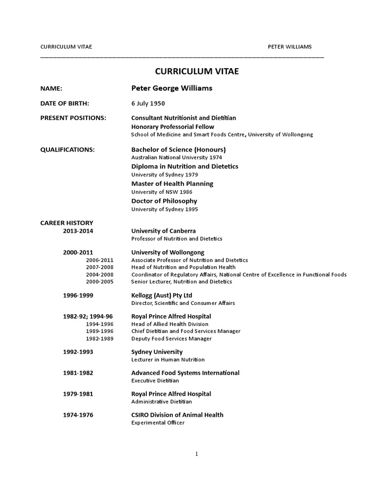 Curriculum Vitae - Peter Williams | PDF | Dietitian | Nutrition