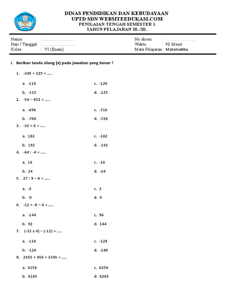 Soal PTS MTK Kelas 6 Ganjil K13 | PDF