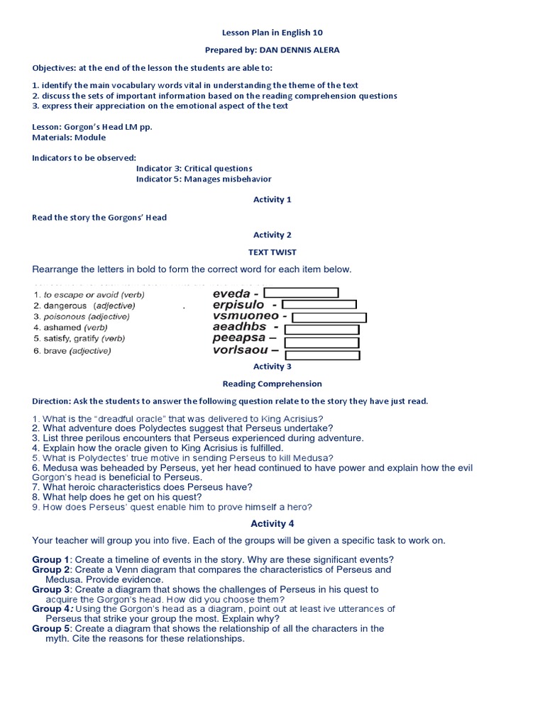 Lesson Plan in English 10 | PDF | Medusa | Reading Comprehension