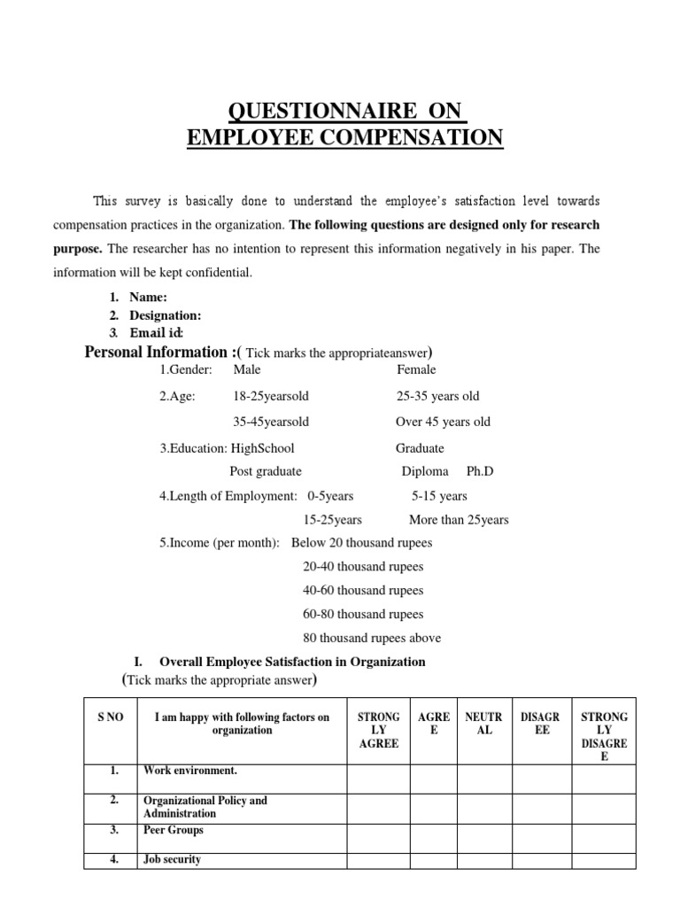 Questionnaire On Employee Compensation: Personal Information | PDF ...