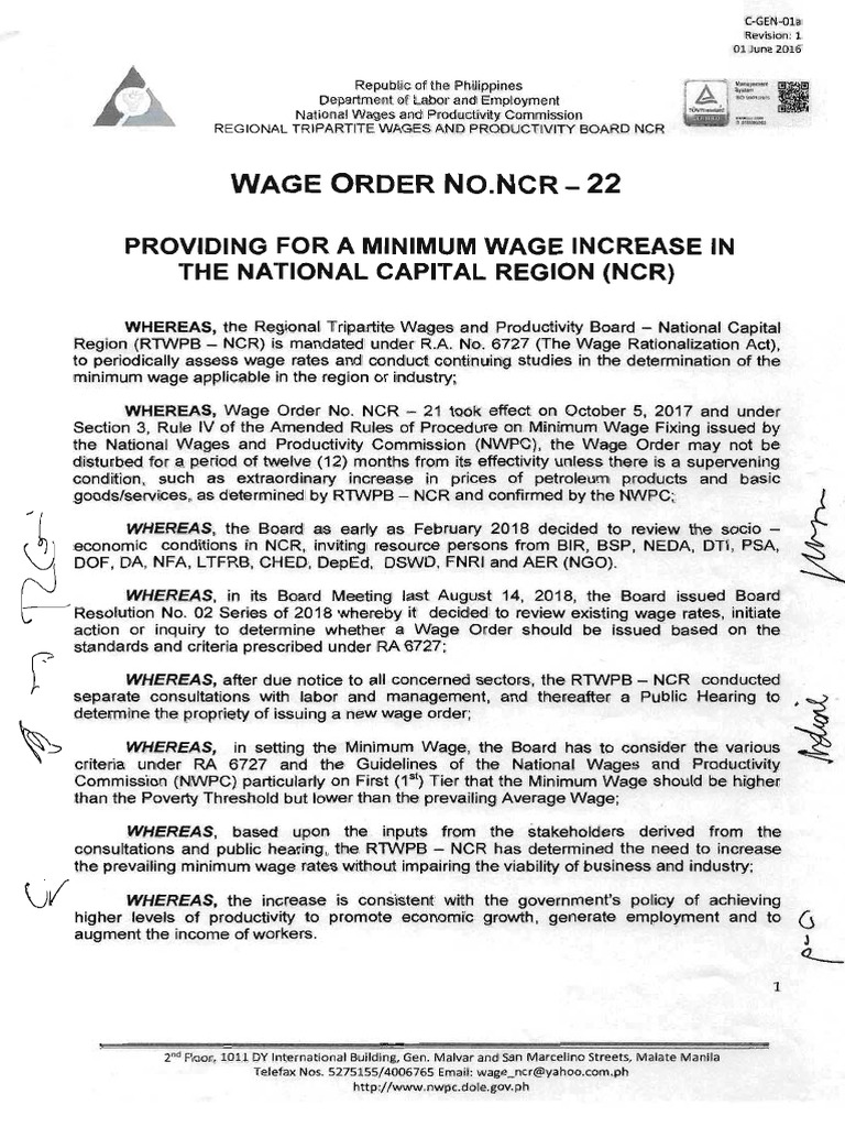 Dole Wage Order No. NCR-22 | PDF