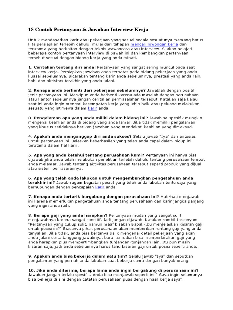 15 Contoh Pertanyaan & Jawaban Interview Kerja | PDF | Karier & Perkembangan | Pengembangan Diri