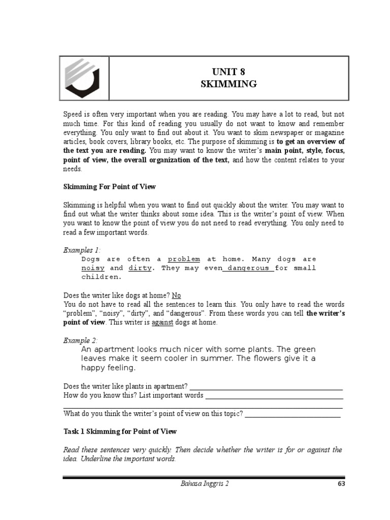 UNIT 8 Skimming | PDF | Speed Reading | Food And Drink