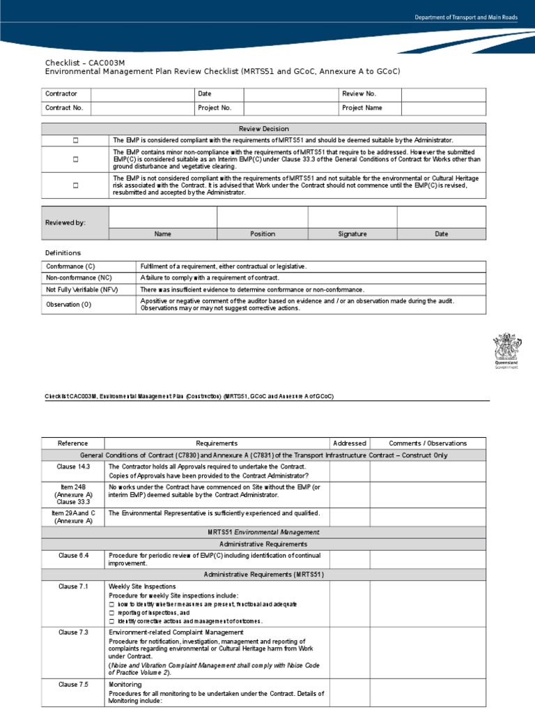 Checklist – Cac003M Environmental Management Plan Review Checklist ...