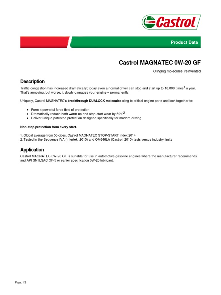 Castrol MAGNATEC 0W-20 GF: Description | PDF | Motor Oil