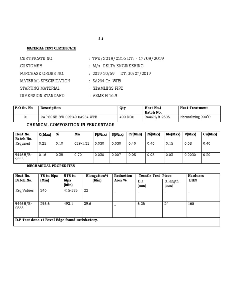 Chemical Composition in Percentage: 3.1 Material Test Certificate | PDF